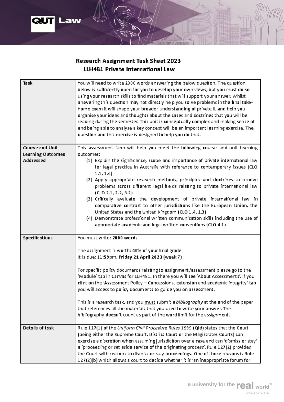 Private IL Research Paper Task Sheet Sem 1 2023 - Research Assignment ...
