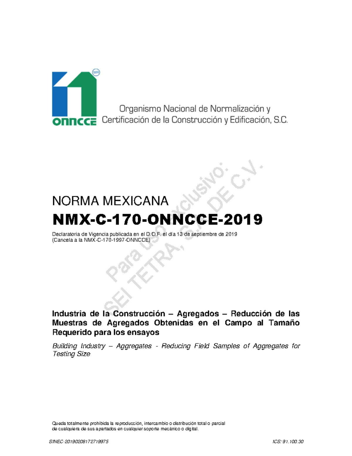 NMX-C-170- Onncce-2019 Reducción de muestras agregados - SINEC ...