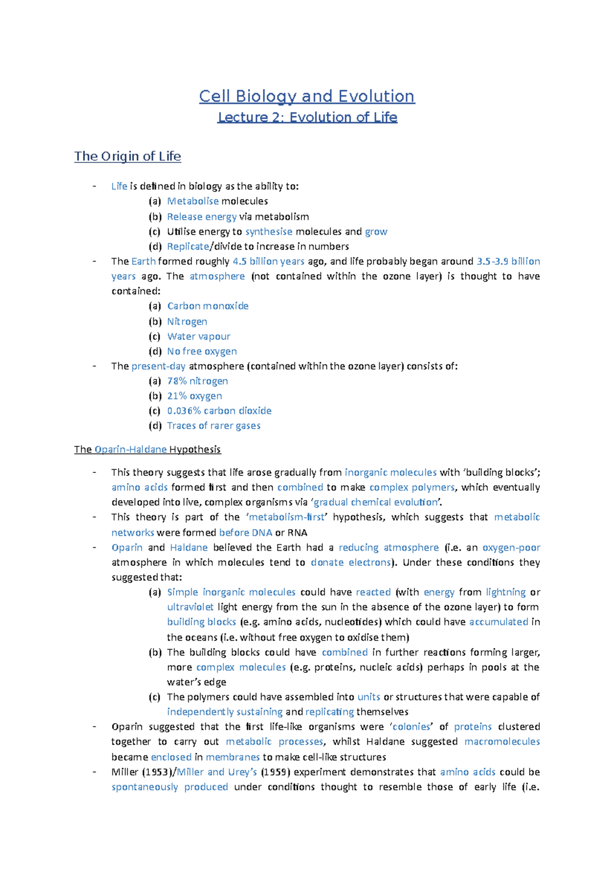 Lecture 2 Notes (The Origin of Life) - Cell Biology and Evolution ...