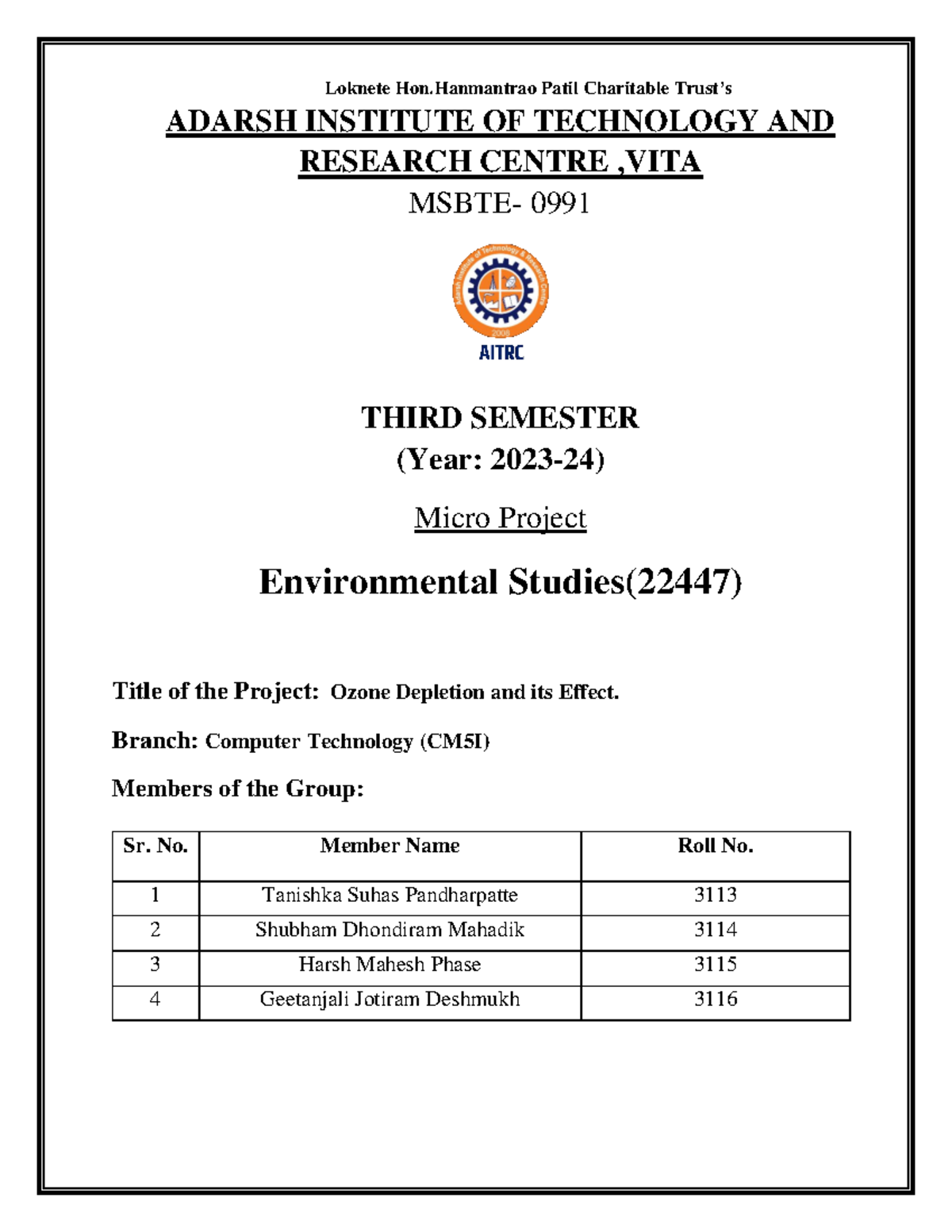 Final EST microproject - Loknete Hon Patil Charitable Trust’s ADARSH INSTITUTE OF TECHNOLOGY AND ...