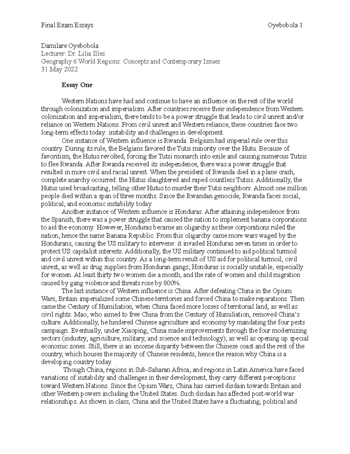 Western Nations and Russia - Final Exam Essays Oyebobola 1 Damilare ...