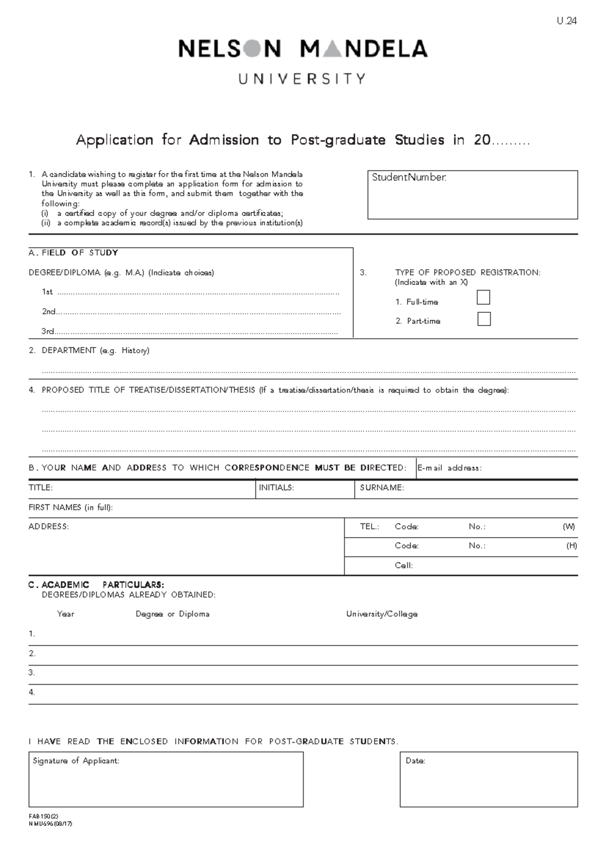 Postgraduate form in addition to standard application form - A .A. A .A ...