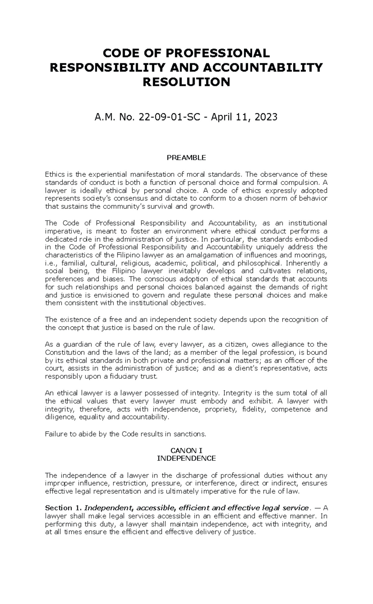 CODE OF Professional Responsibility AND Accountability Resolution ...