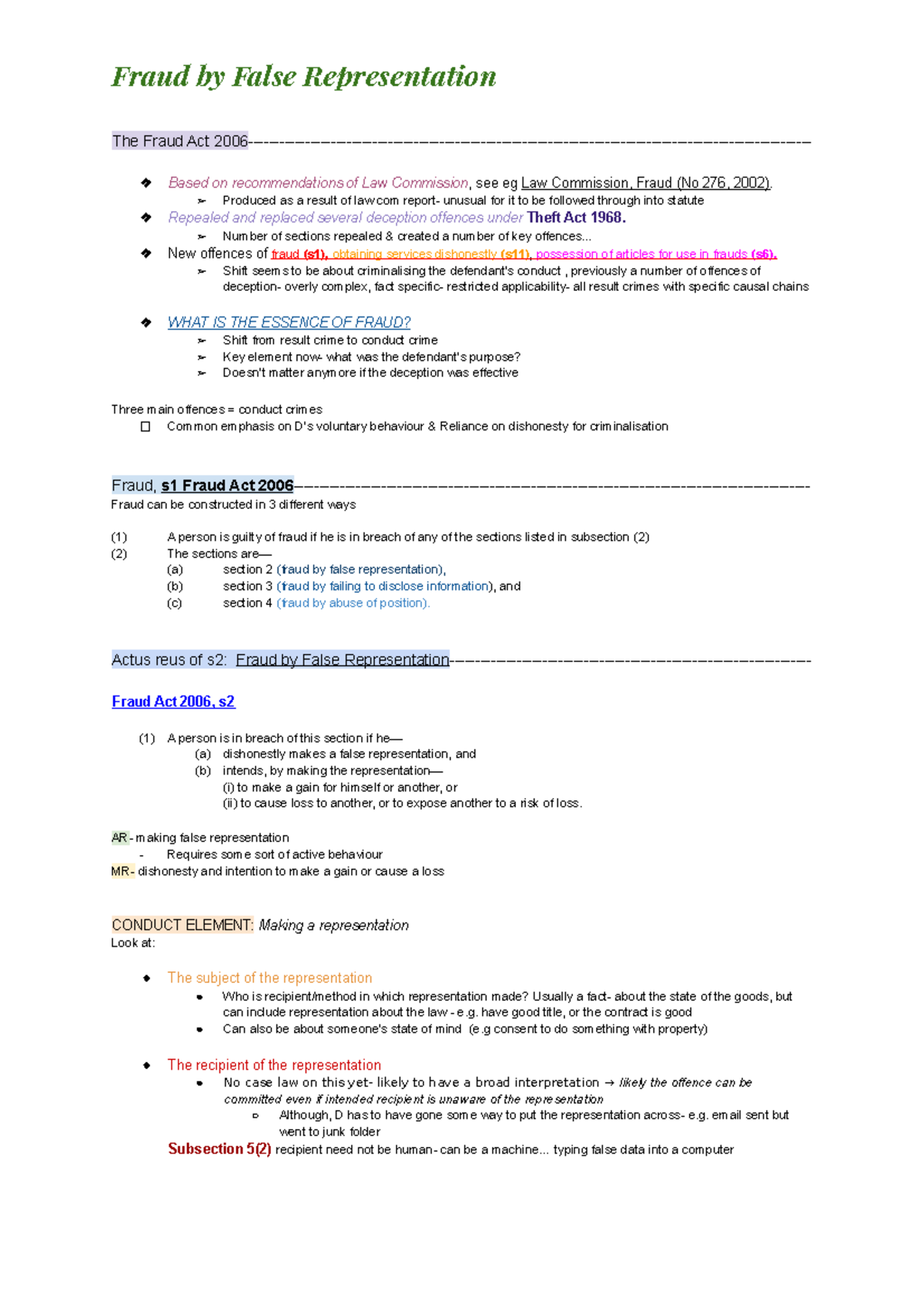 Fraud BY False REP - Revision Notes - Fraud by False Representation The ...