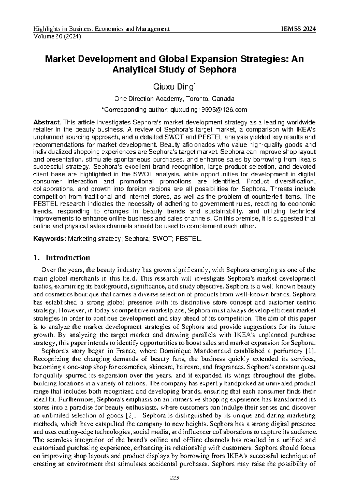 Iemss 2024-223-228 - swot & pestel sephora - Volume 30 (202 4 ) Market ...