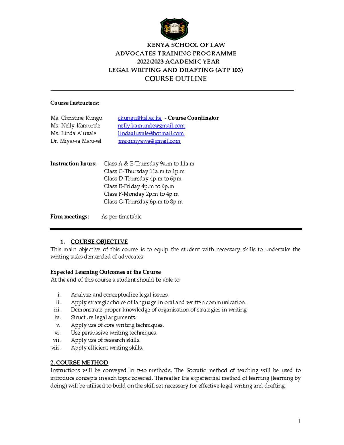 ATP 103 Legal Writing & Drafting Course Outline-2022- 2023 - KENYA ...