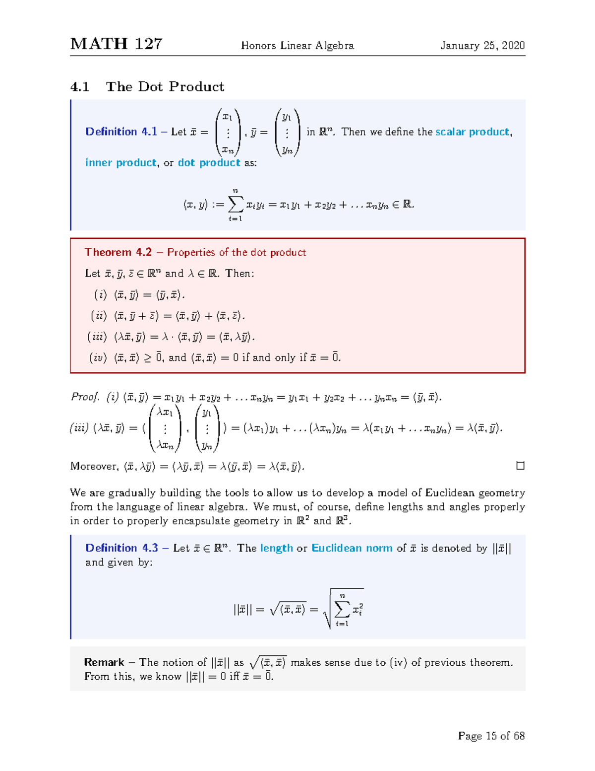 MATH 235-15 - Lecture notes 15 - MATH 127 Honors Linear Algebra January ...