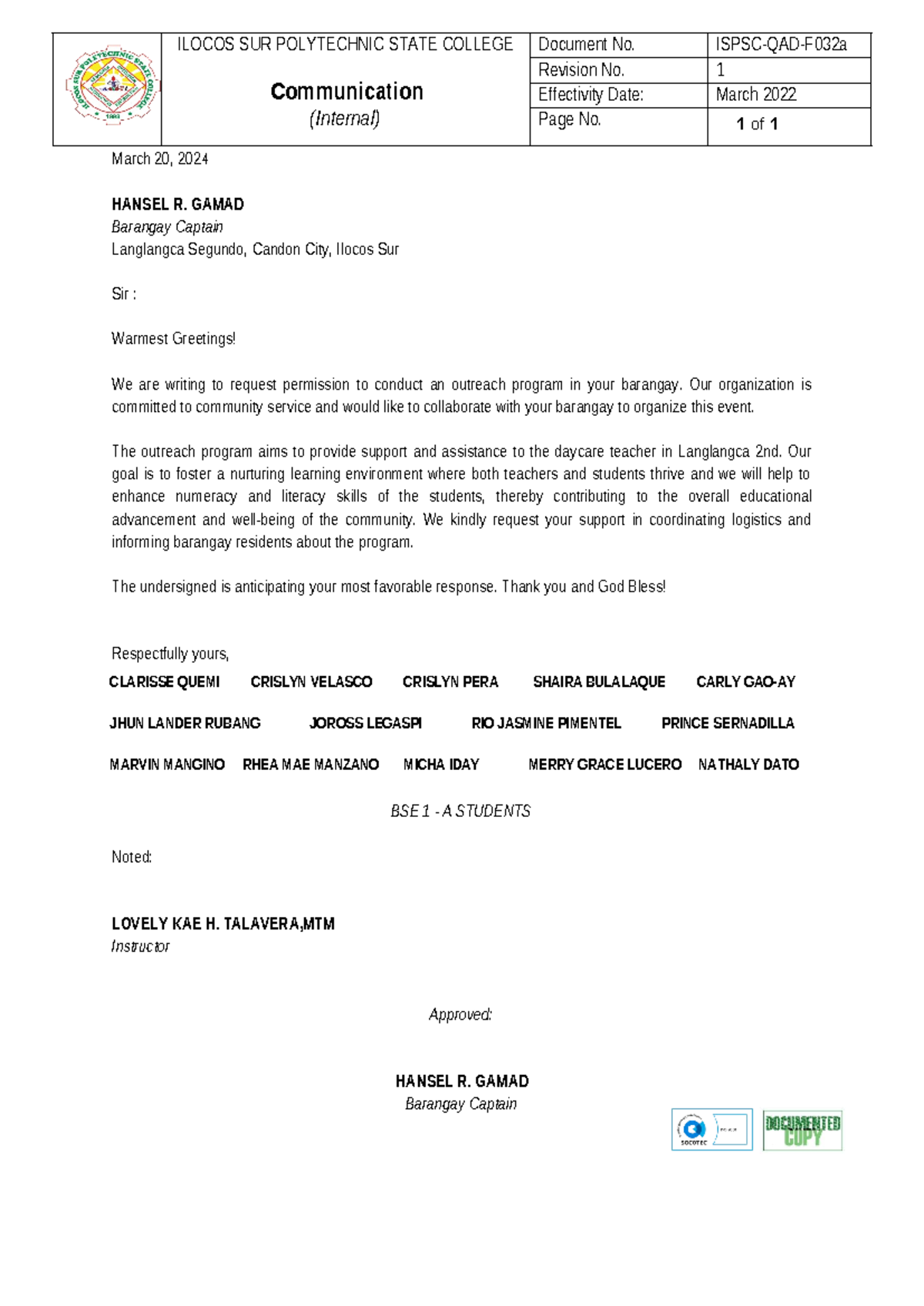 Teaching aptitude Test - 1 of 1 March 20, 2024 HANSEL R. GAMAD Barangay ...