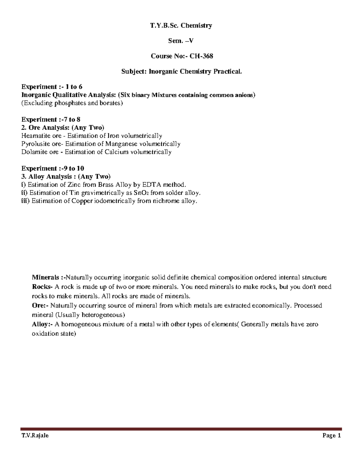 T.Y.B.Sc Inorganic Practical 2017 Sem II - T.Y.B. Chemistry Sem. –V Course No:- CH- Subject ...