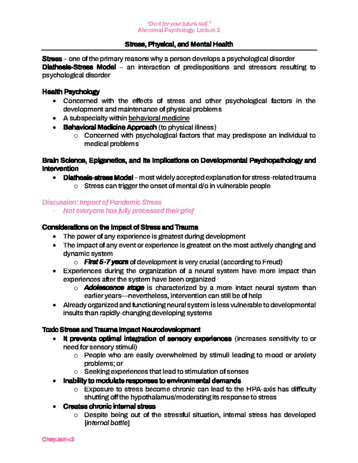 Abpsy Lecture 2 - Abnormal Psychology: Lecture 2 Stress, Physical, and ...