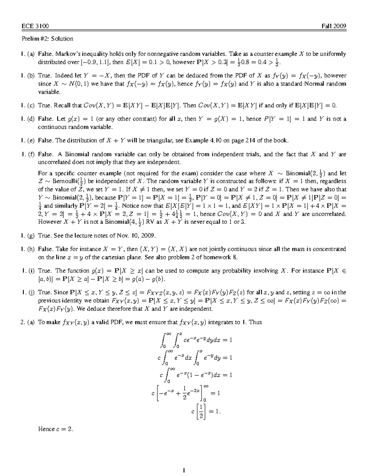 Prelim 2-f09-sol - ECE 3100 Fall 2009 Prelim #2: Solution (a) False. Markov’s inequality holds ...