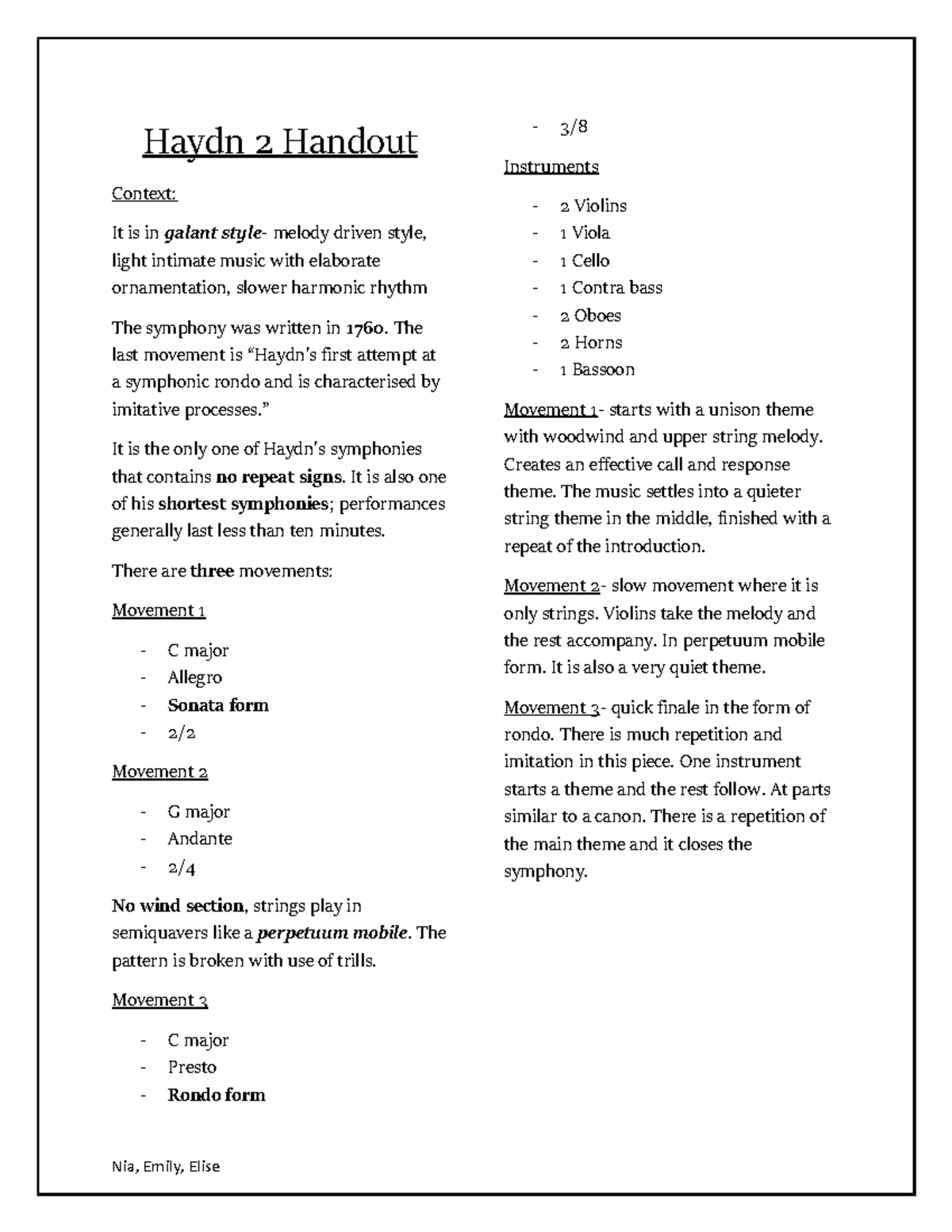 Haydn 2 - Nia, Emily, Elise Haydn 2 Handout Context: It is in galant ...
