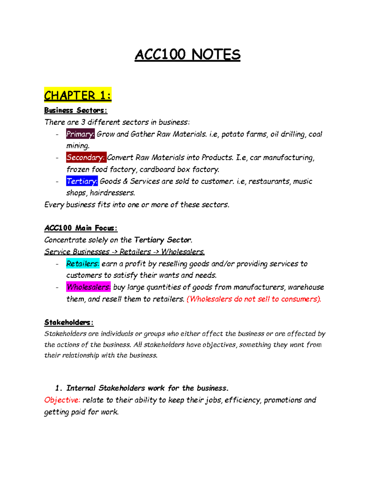 ACC100 Notes - ACC100 NOTES CHAPTER 1: Business Sectors: There are 3 ...