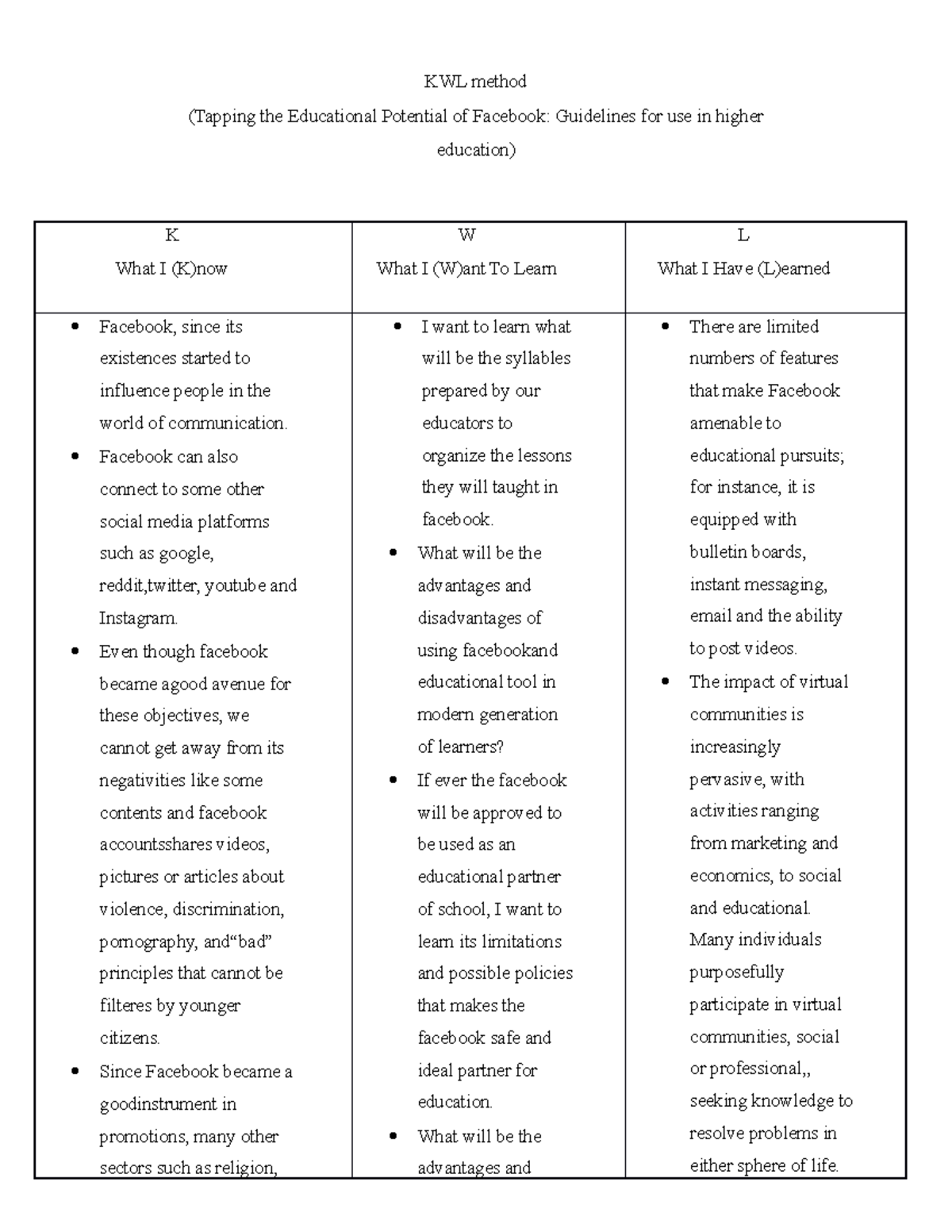 KWL method - Lecture notes 1 - KWL method (Tapping the Educational ...