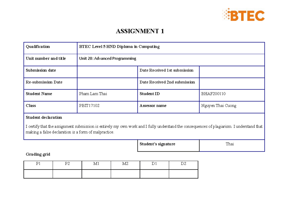 ASM1-AP - ... - ASSIGNMENT 1 Qualification BTEC Level 5 HND Diploma in ...