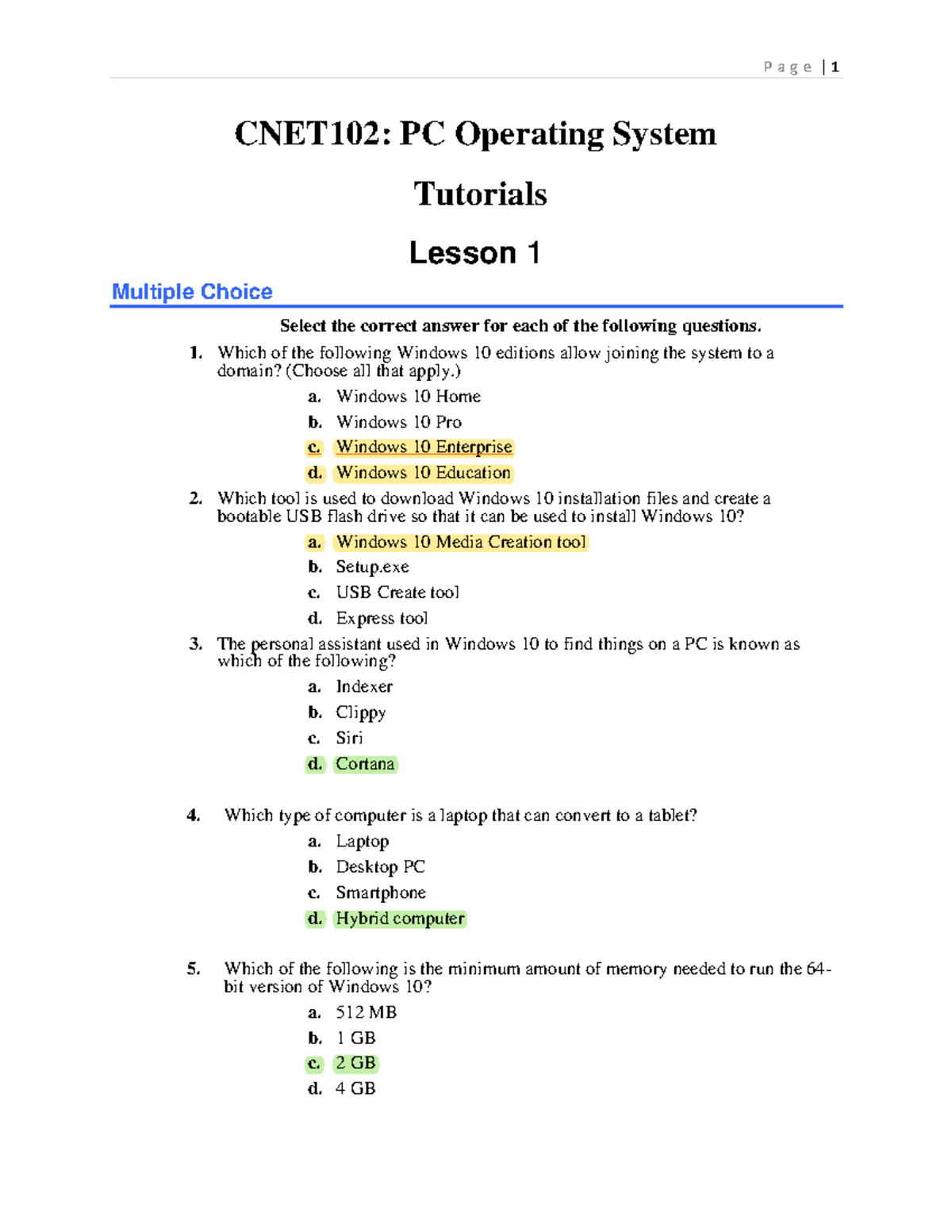 Cheetsheet - solved tutorials - CNET102: PC Operating System Tutorials Lesson 1 Multiple Choice ...