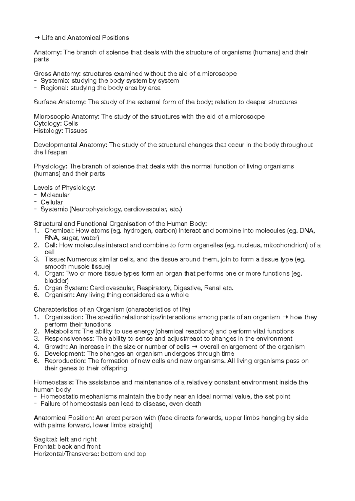 Week 1 notes compendium and lectures - → Life and Anatomical Positions ...