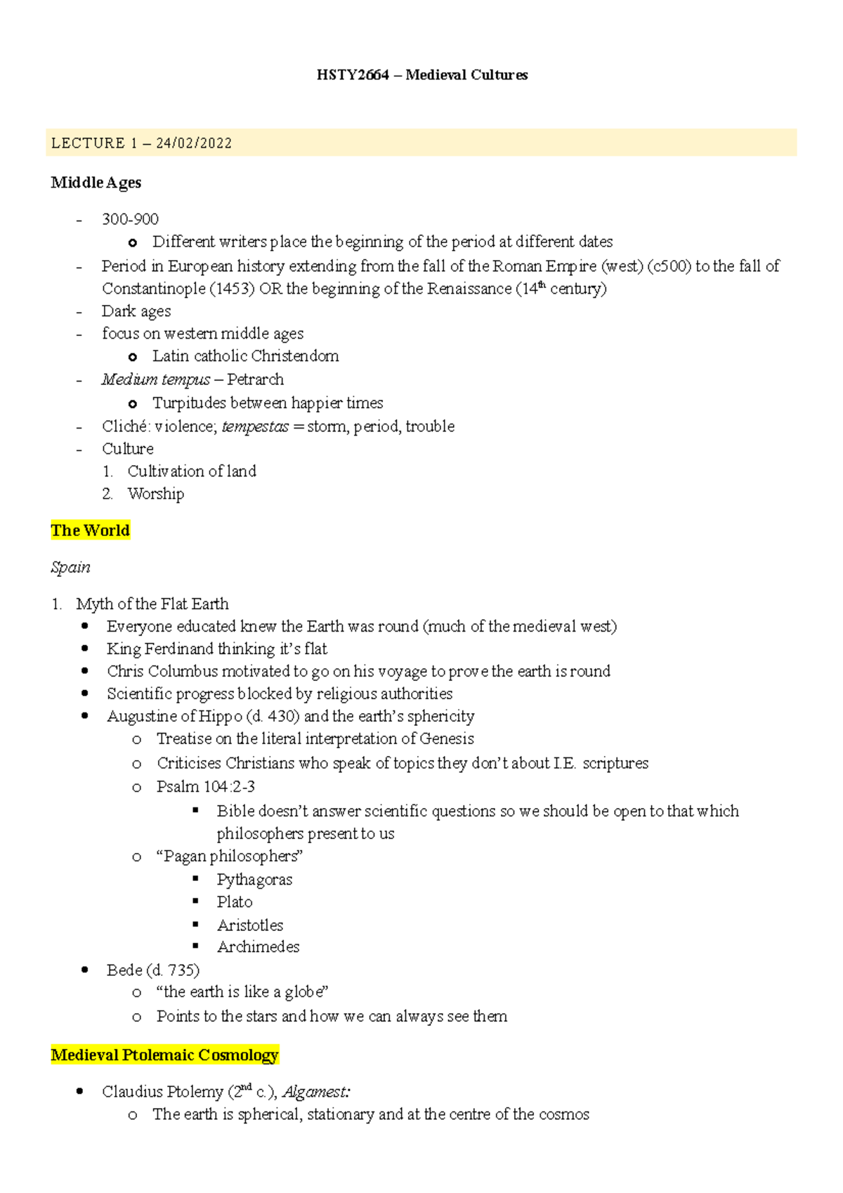 HSTY2664 Lecture Notes - HSTY2664 – Medieval Cultures LECTURE 1 – 24/02 ...