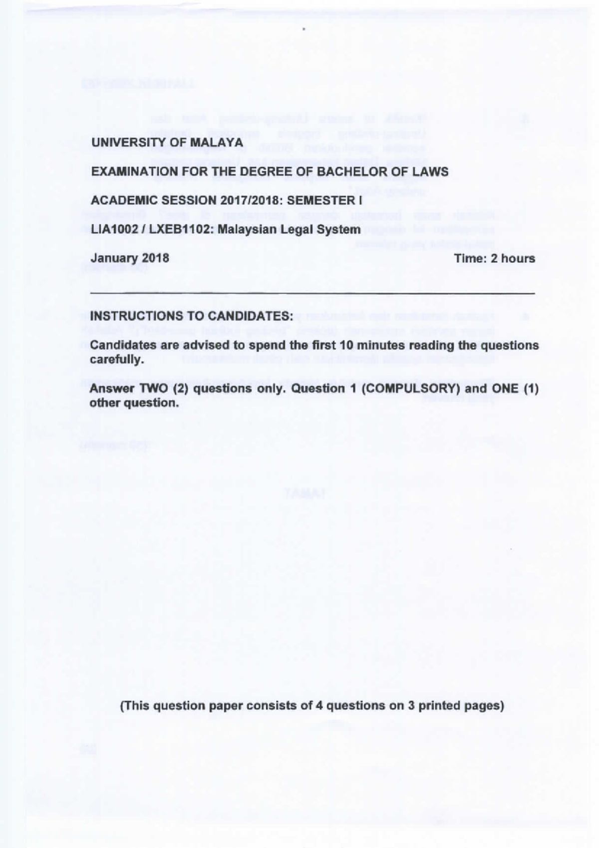 MLS 2018 - past year paper - Malaysian Legal System - Studocu