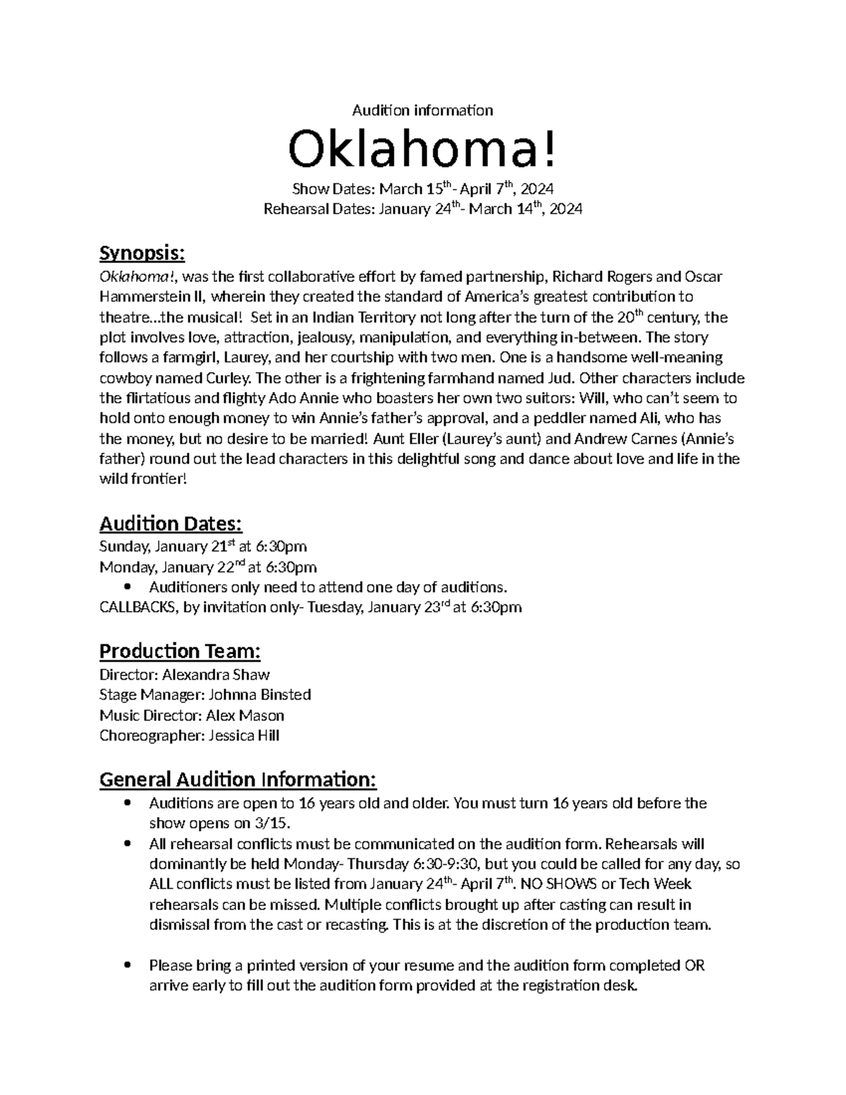 Audition Information-Oklahoma - Audition information Oklahoma! Show ...