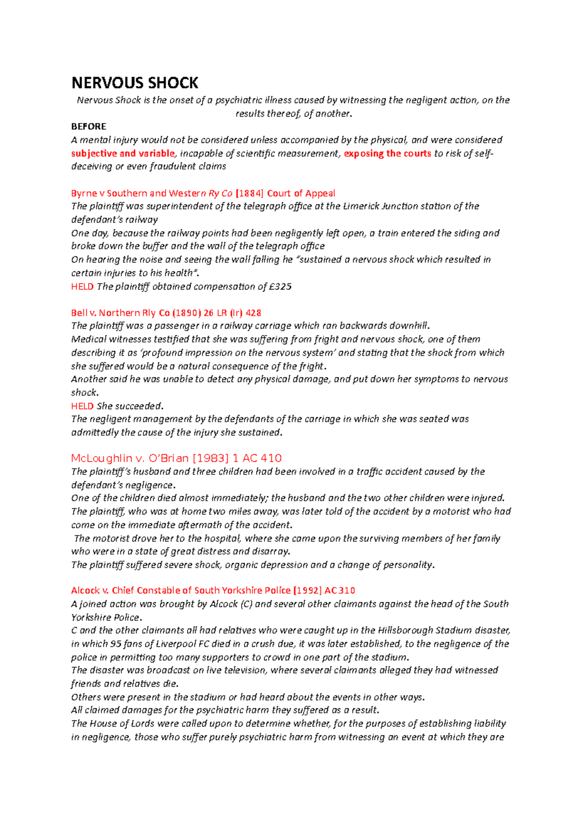 4 Nervous Shock - Tort law notes - NERVOUS SHOCK Nervous Shock is the ...