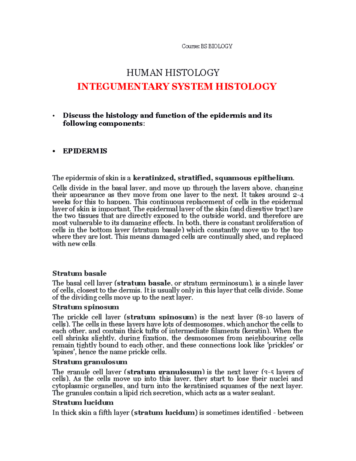 Histology Integumentary System - Course: BS BIOLOGY HUMAN HISTOLOGY ...