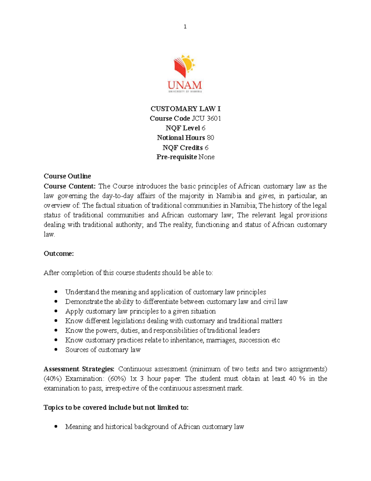 Customary Law course outline 2022 - CUSTOMARY LAW I Course Code JCU ...