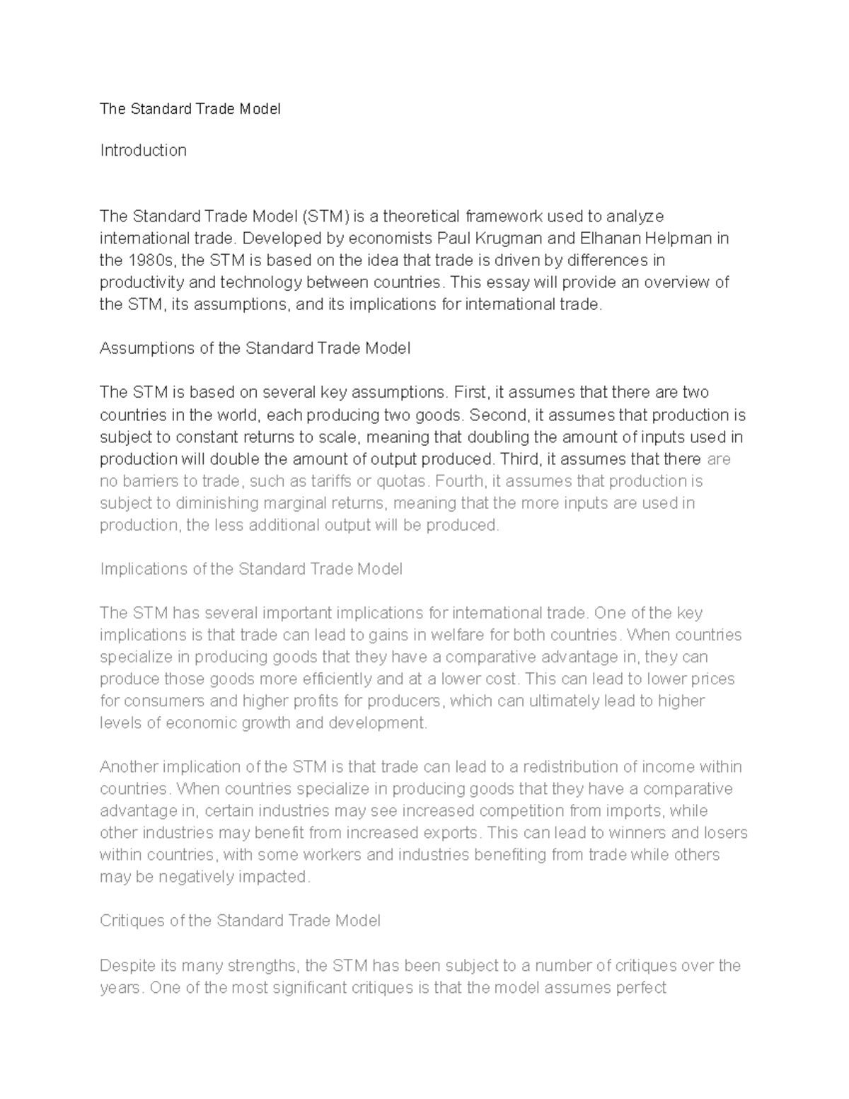 The Standard Trade Model - The Standard Trade Model Introduction The ...