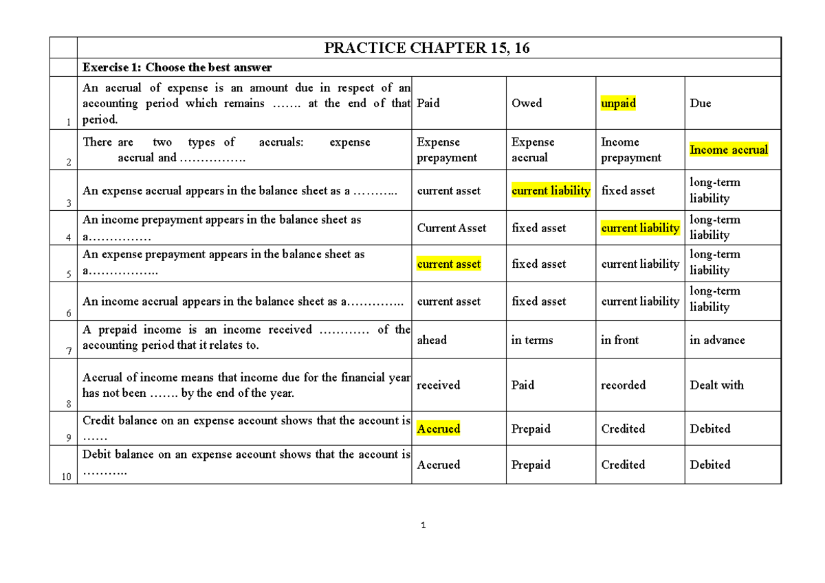 Practice Chapter 15+16 - PRACTICE CHAPTER 15, 16 Exercise 1: Choose the ...