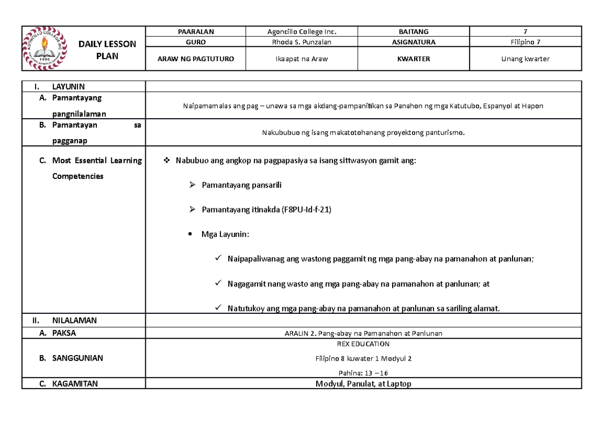 Filipino DLP 4 - Lecture notes 1 - DAILY LESSON PLAN PAARALAN Agoncillo ...