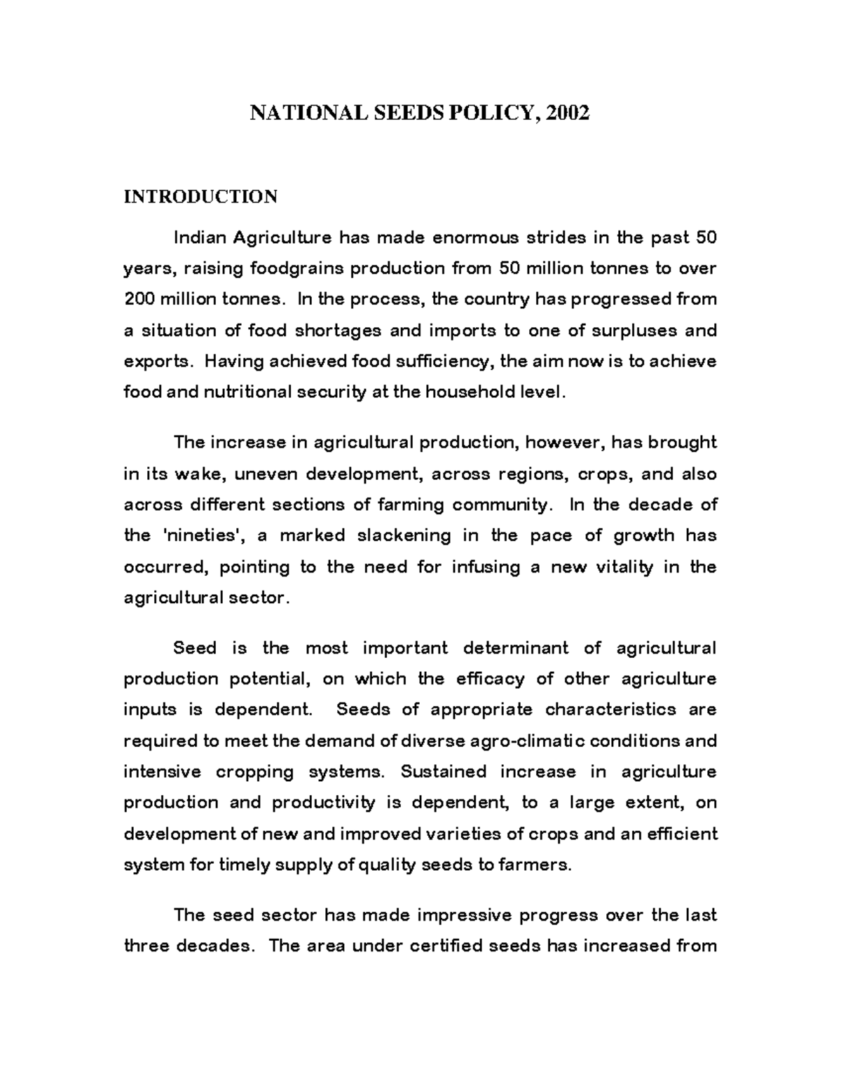 National Seed Policy, 2002 - NATIONAL SEEDS POLICY, 2002 INTRODUCTION ...