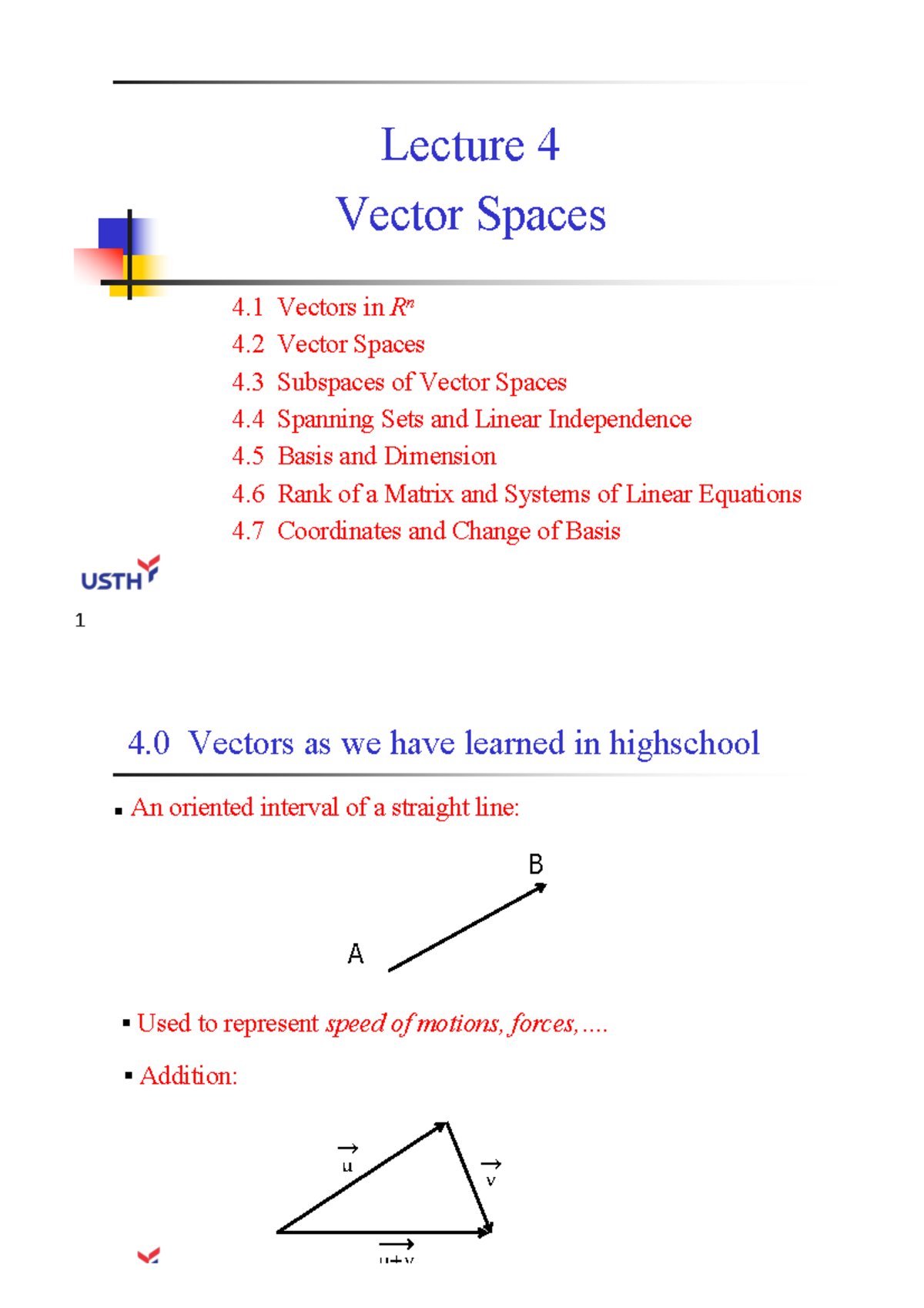 Linear Lecture 4 Davgv Lecture 4 Vector Spaces 4 Vectors In Rn 4 Vector Spaces 4 Subspaces