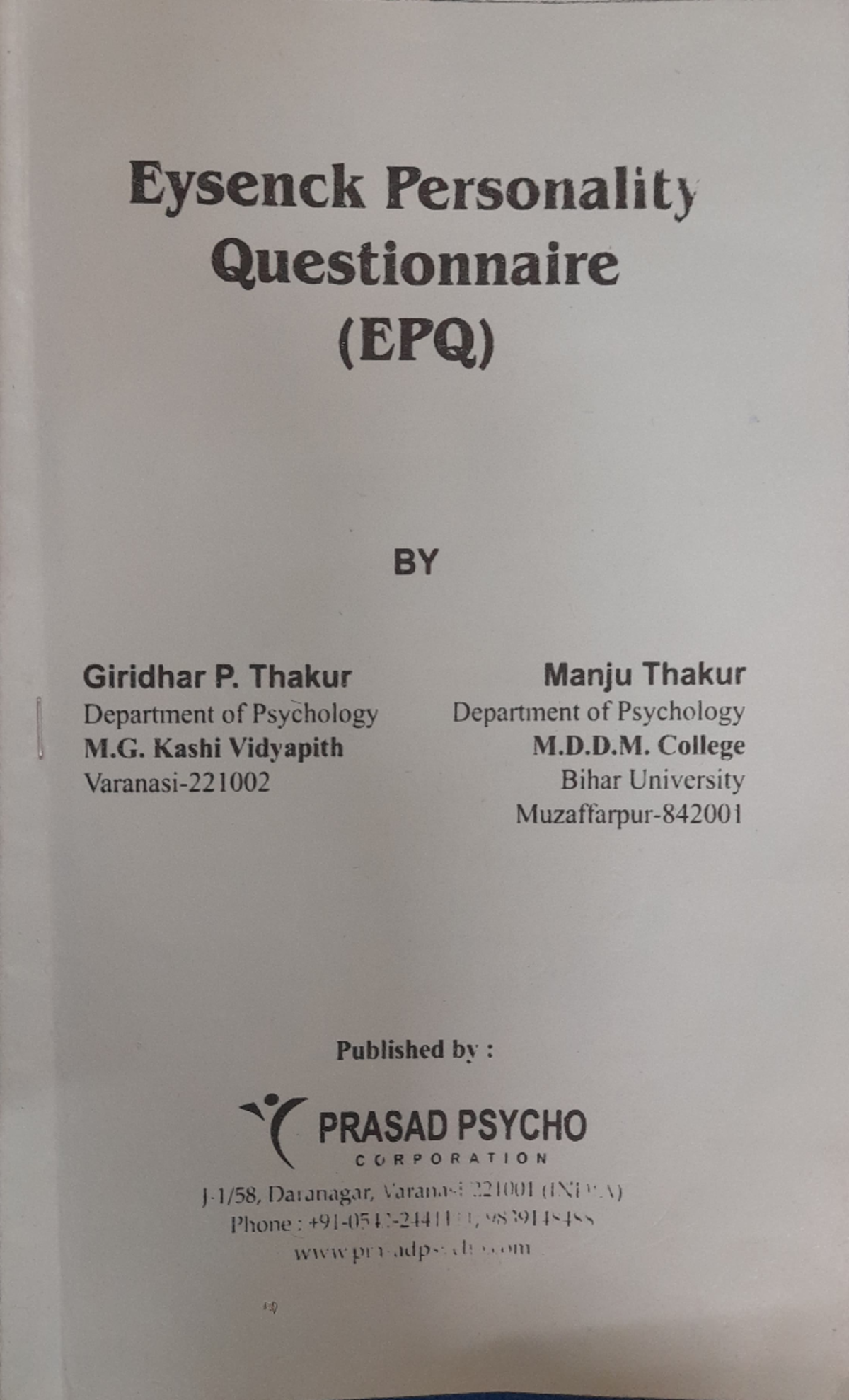 EPQ Manual - h Eysenck Personalit) Questionnaire (EPQ) GiridharP ...