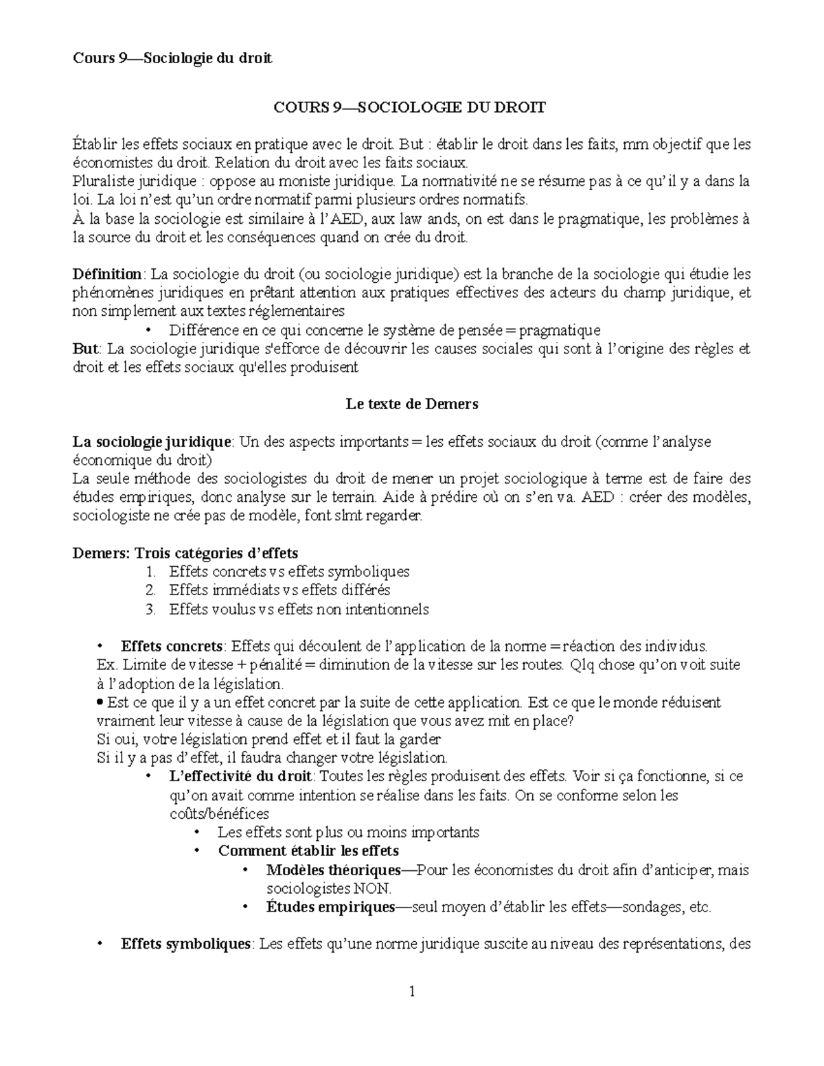 Cours 10- Sociologie du droit - COURS 9—SOCIOLOGIE DU DROIT Établir les ...