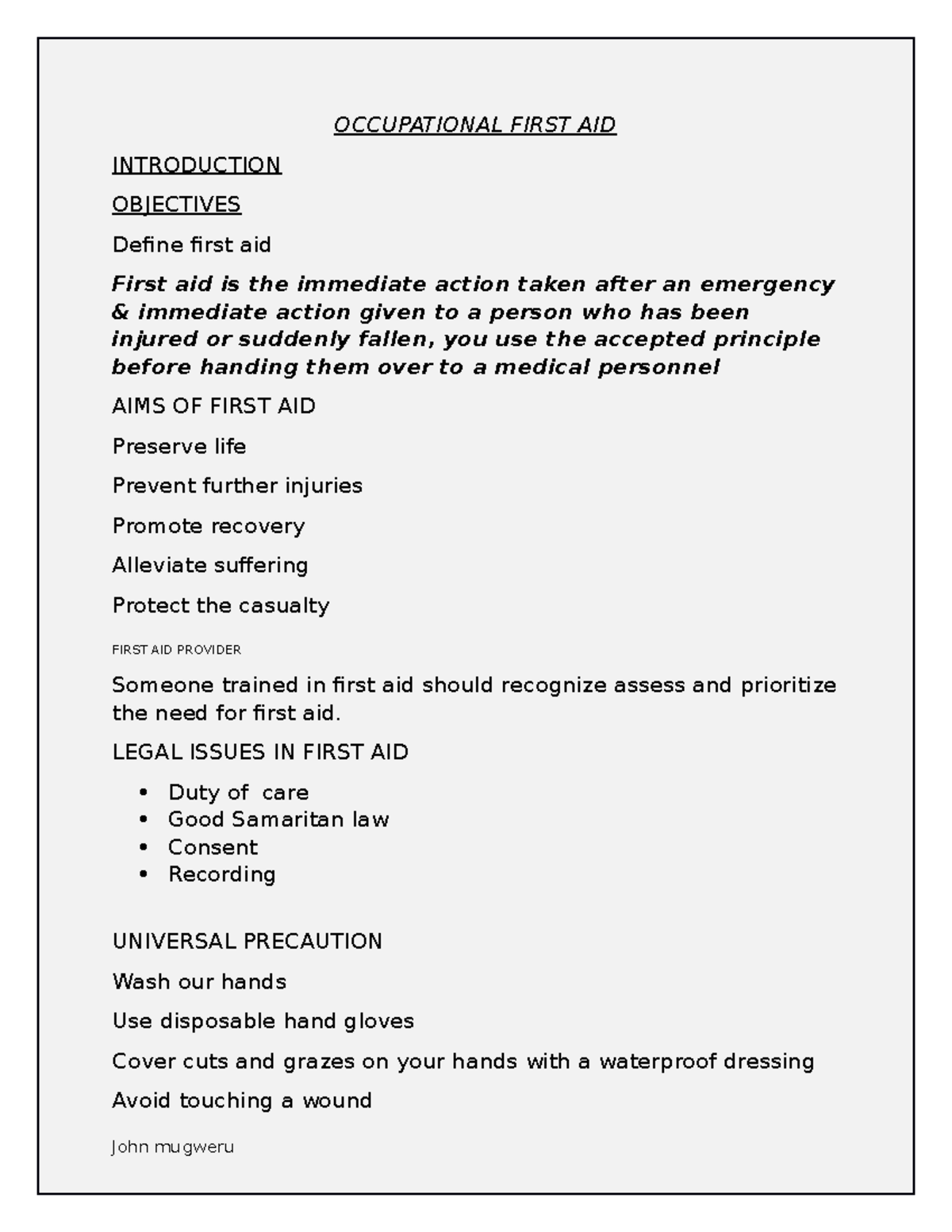 Occupational First AID OCCUPATIONAL FIRST AID INTRODUCTION OBJECTIVES occupational-first-aid-occupational-first-aid-introduction-objectives