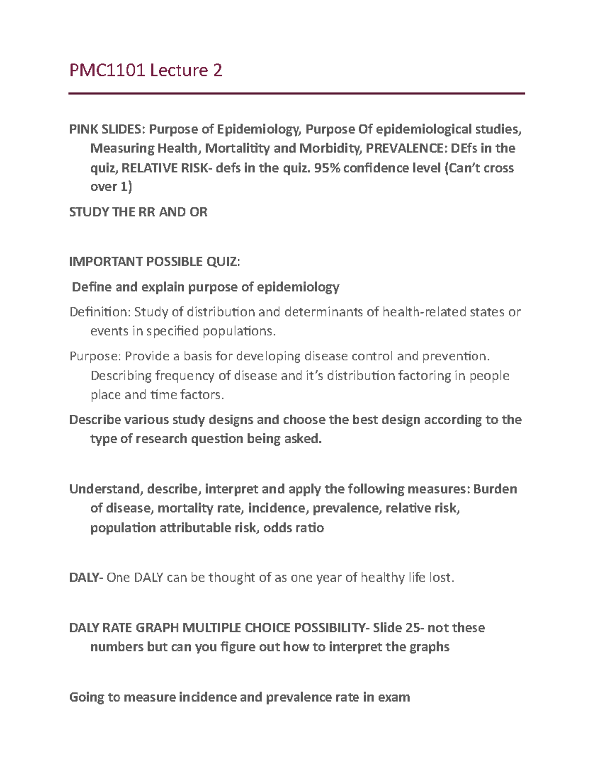 Lecture 2 Notes - PMC1101 Lecture 2 PINK SLIDES: Purpose of ...