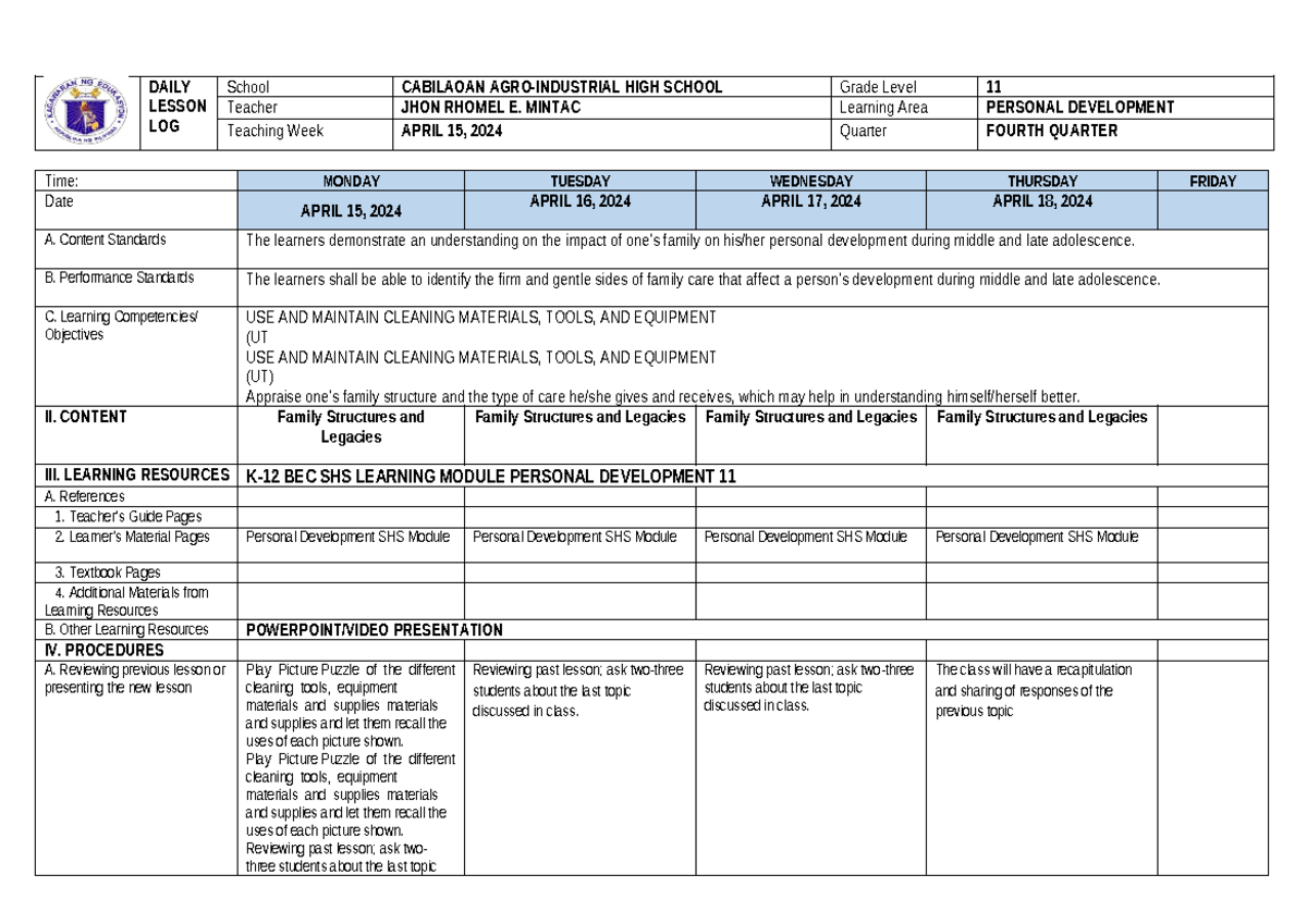 Perdev 11 WEEK 3 - dll - DAILY LESSON LOG School CABILAOAN AGRO ...