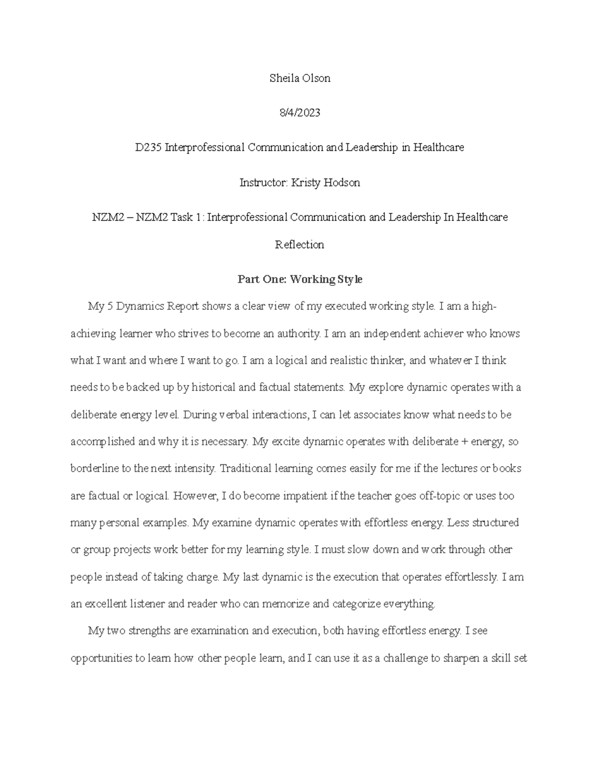 Task 1 Interprofessional Leadership and Communication - Sheila Olson 8 ...