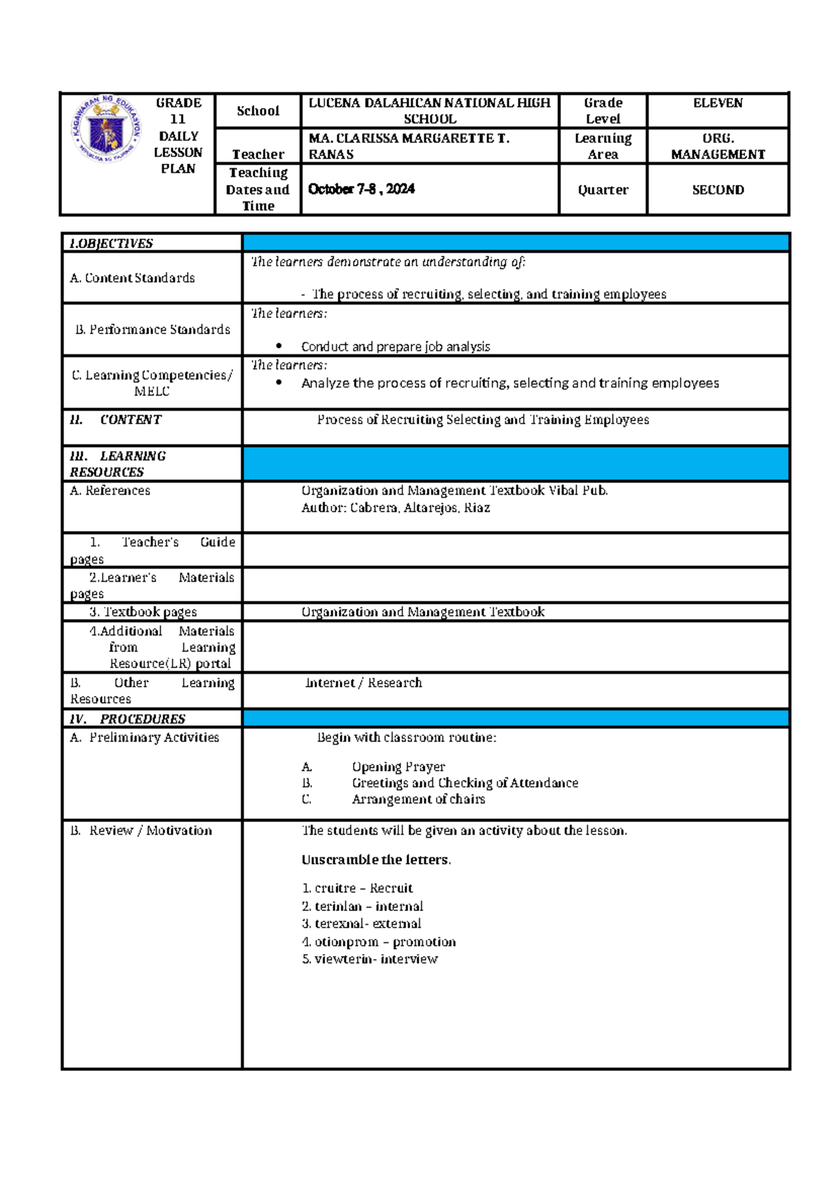 Q2 week 2 - lesson plan in org & mngt - GRADE 11 DAILY LESSON PLAN ...