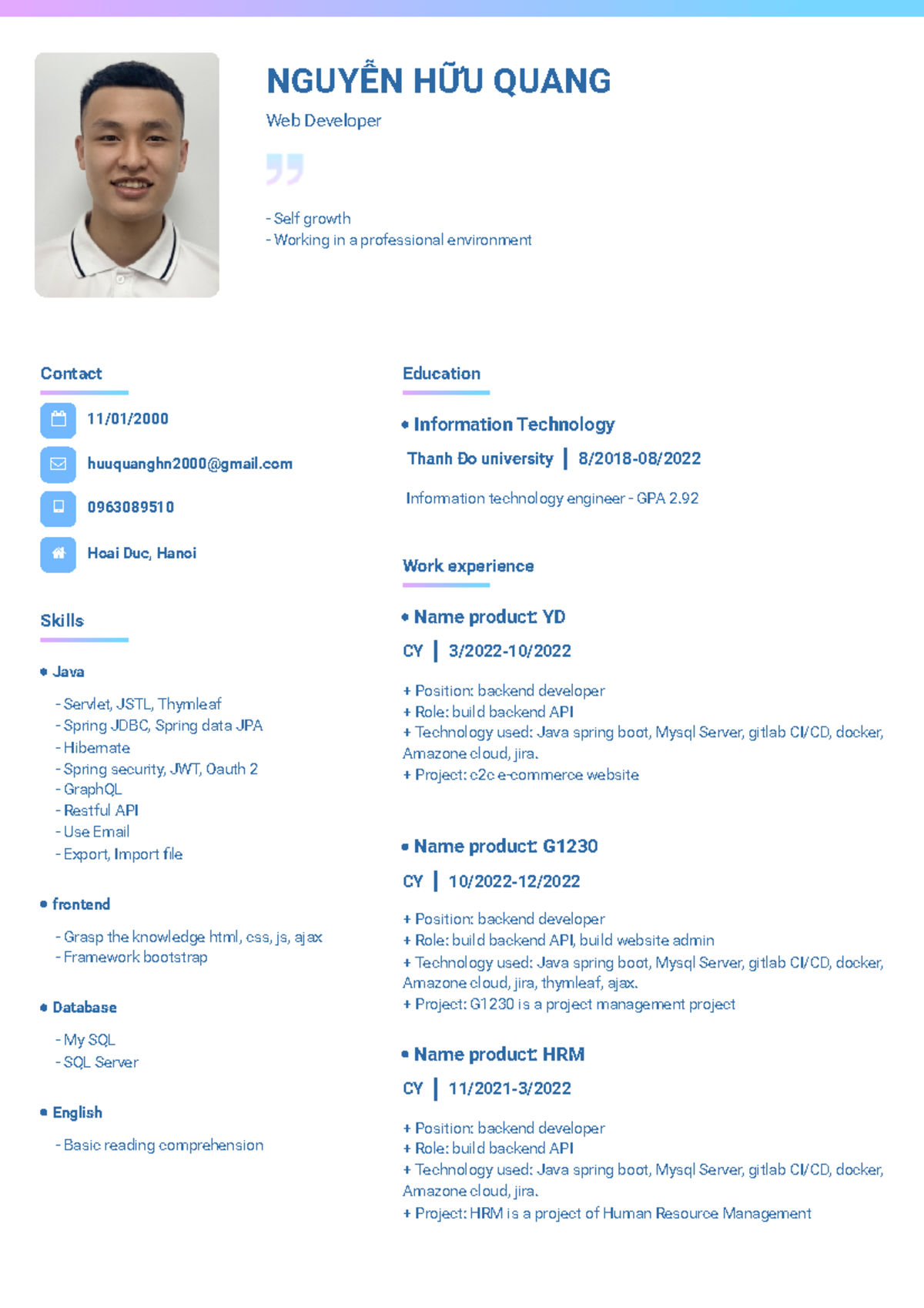 Cv Java Nguyen Huu Quang NguyỄn HỮu Quang Web Developer Self Growth Working In A Professional