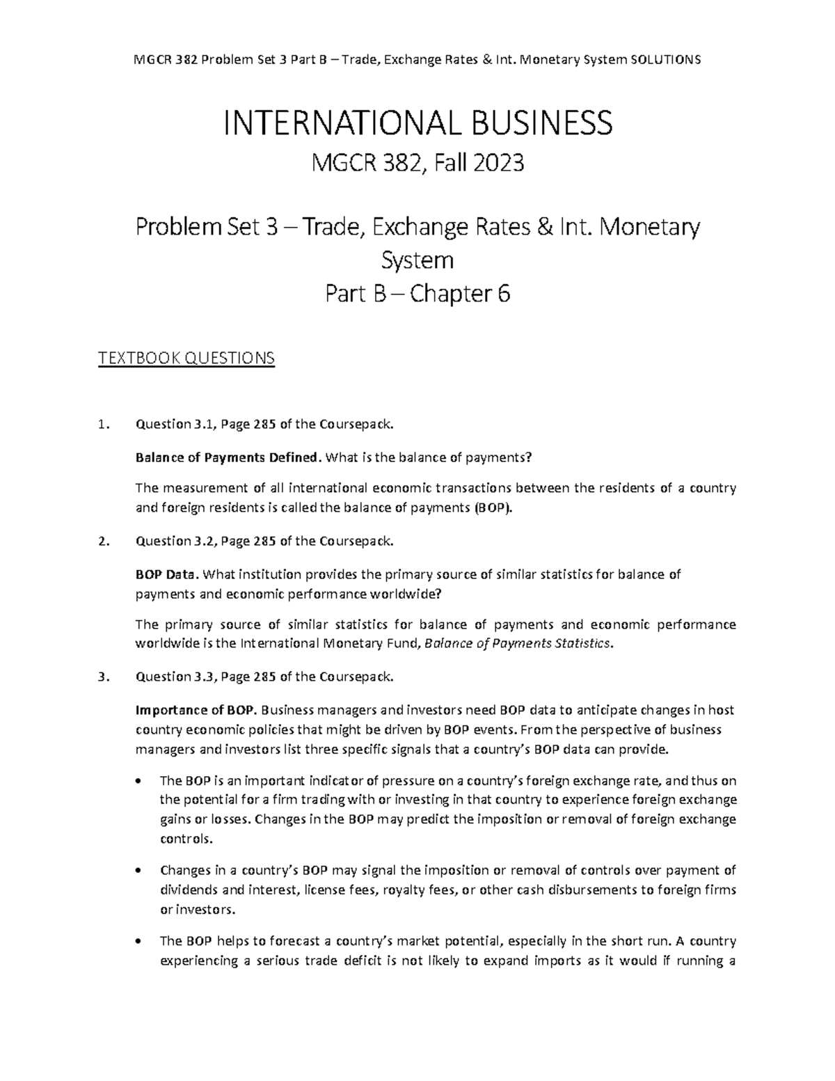 Problem Set 3 Part B Solutions Fall 2024 - INTERNATIONAL BUSINESS MGCR 382, Fall 2023 Problem ...