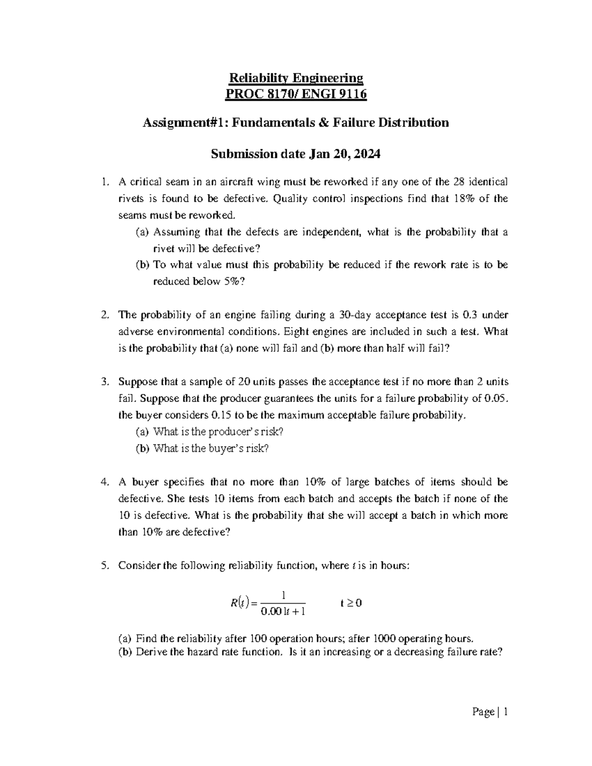 Assignment 1 PROC 8170 ENGI 91161 - Page | 1 Reliability Engineering PROC 8170/ ENGI 9116 - Studocu