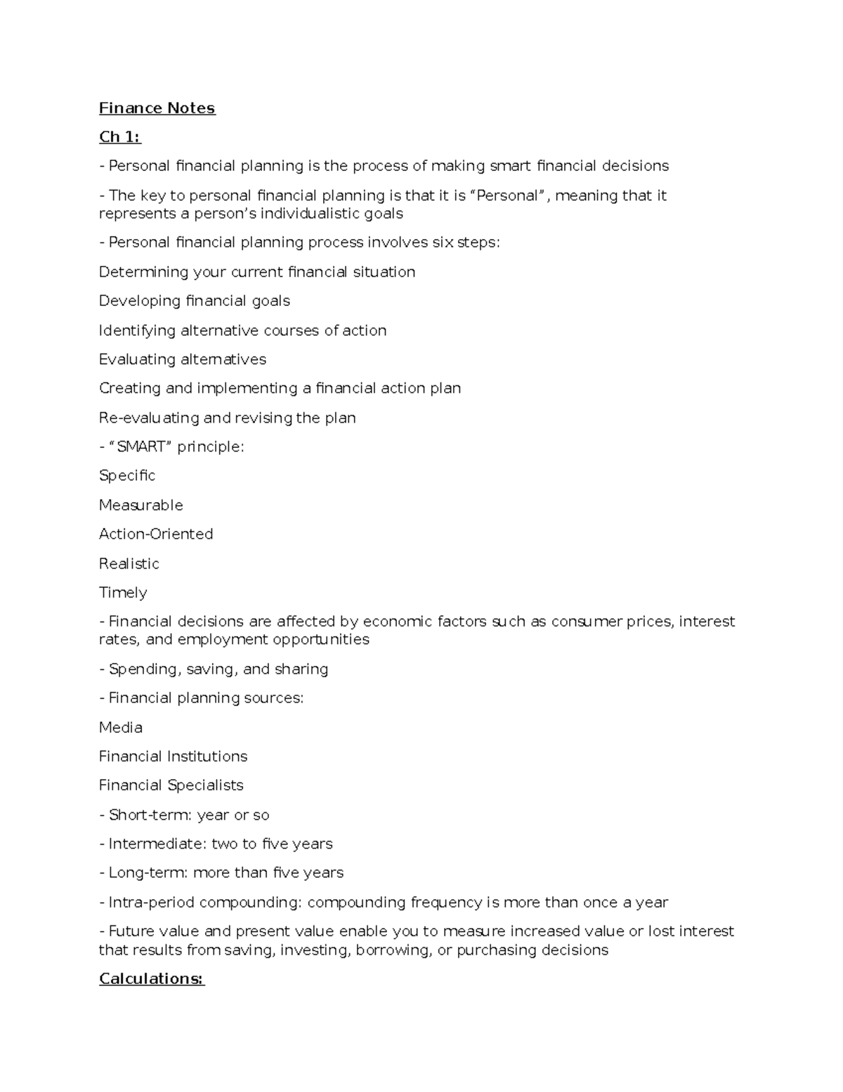 Finance Notes - Finance Notes Ch 1: Personal financial planning is the ...