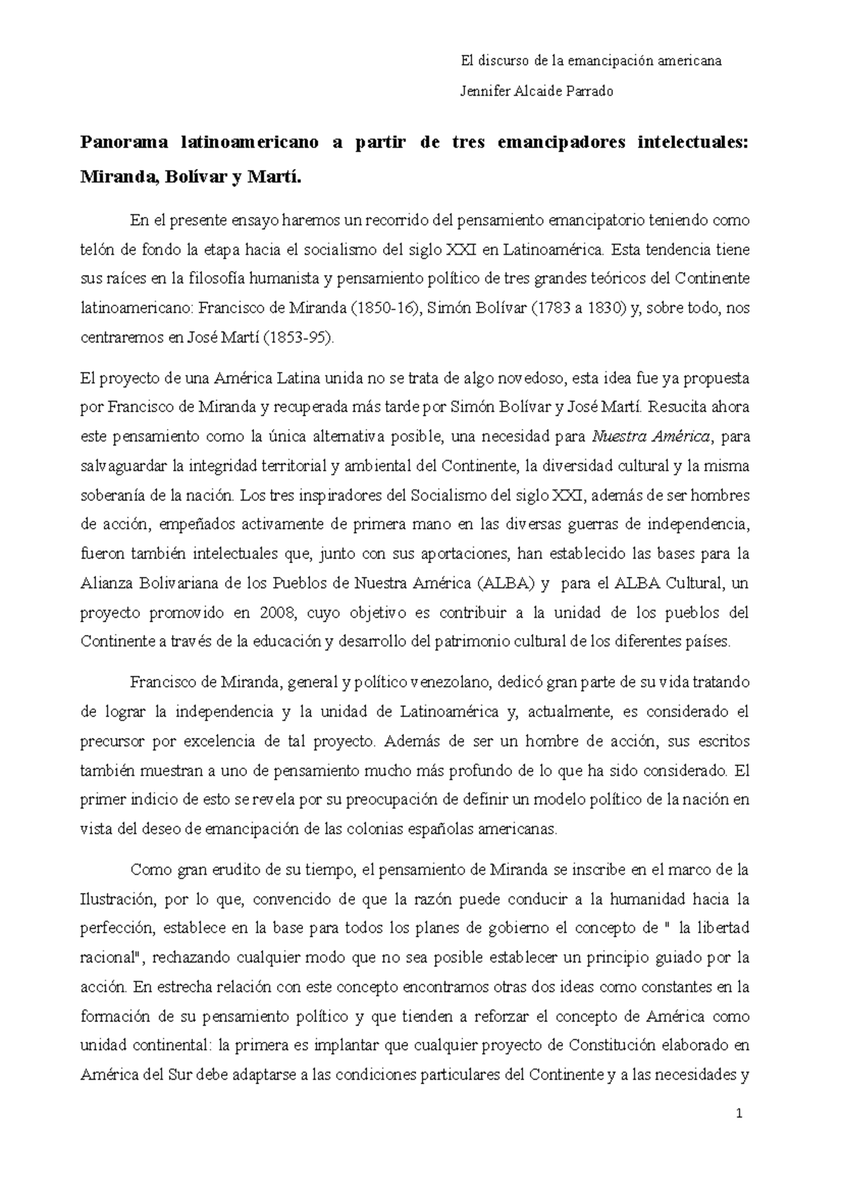 Ensayo El discurso de la emancipación americana - Jennifer Alcaide Parrado Panorama ...