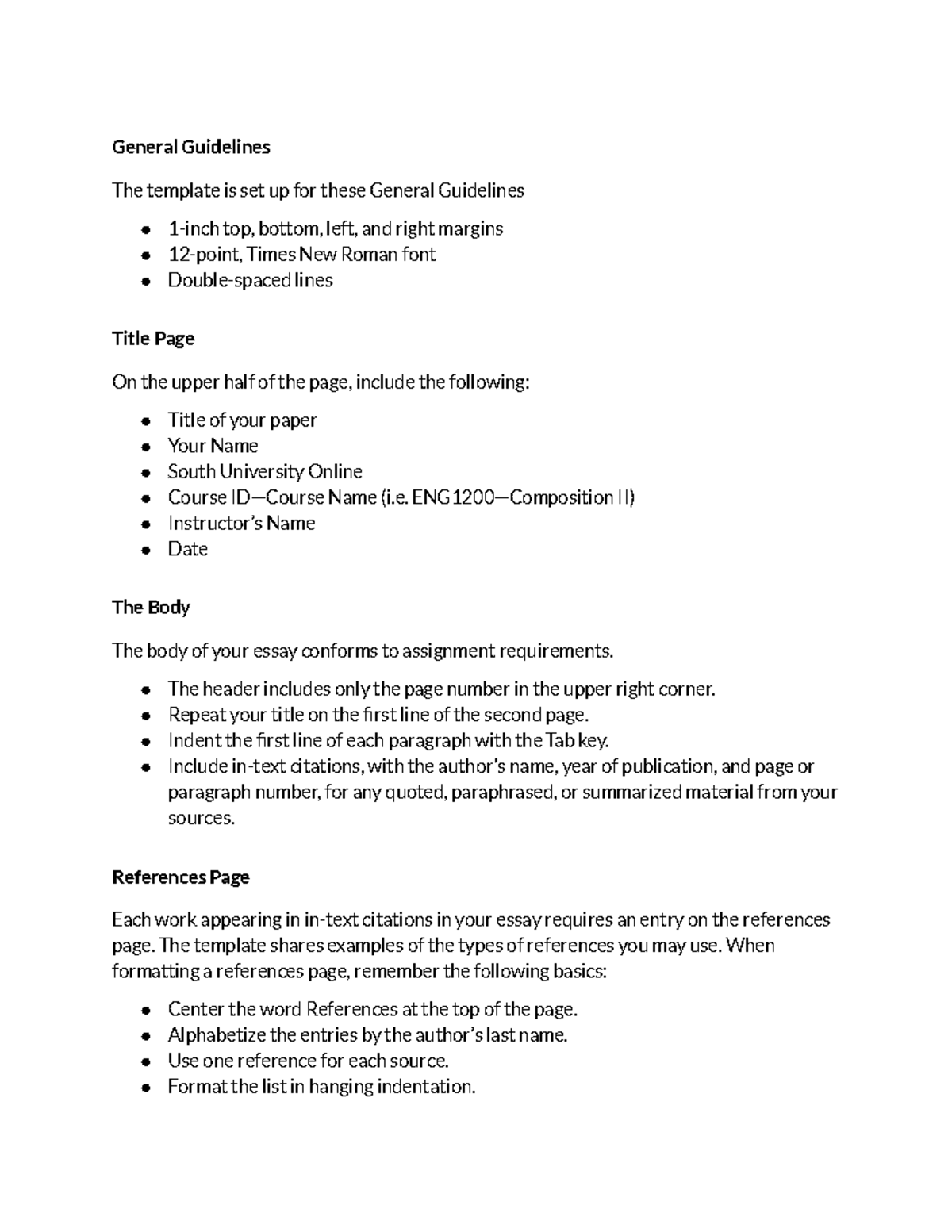 Formatting your essay - notes - General Guidelines The template is set ...