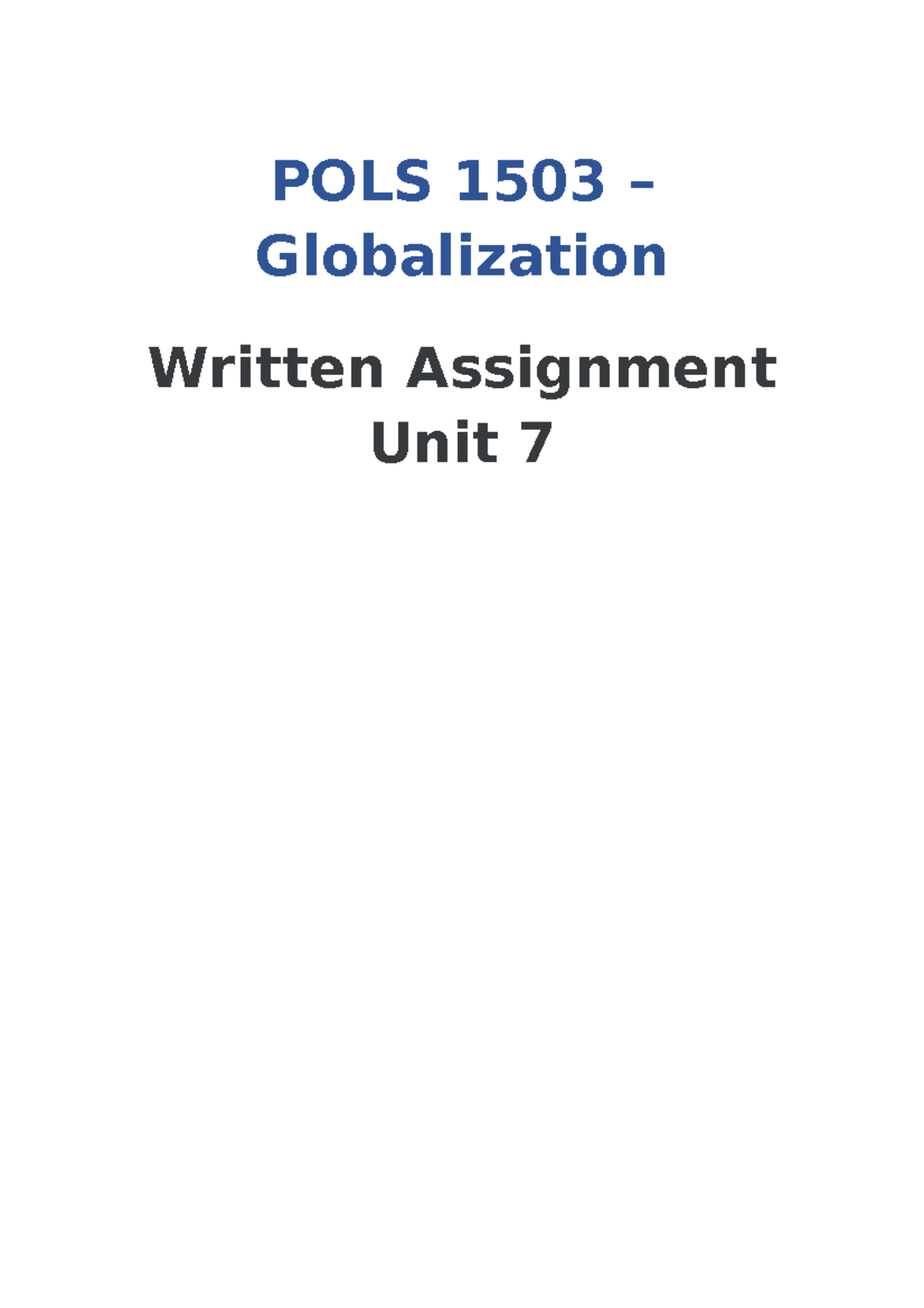POLS 1503 globalization - week 7 - POLS 1503 – Globalization Written ...