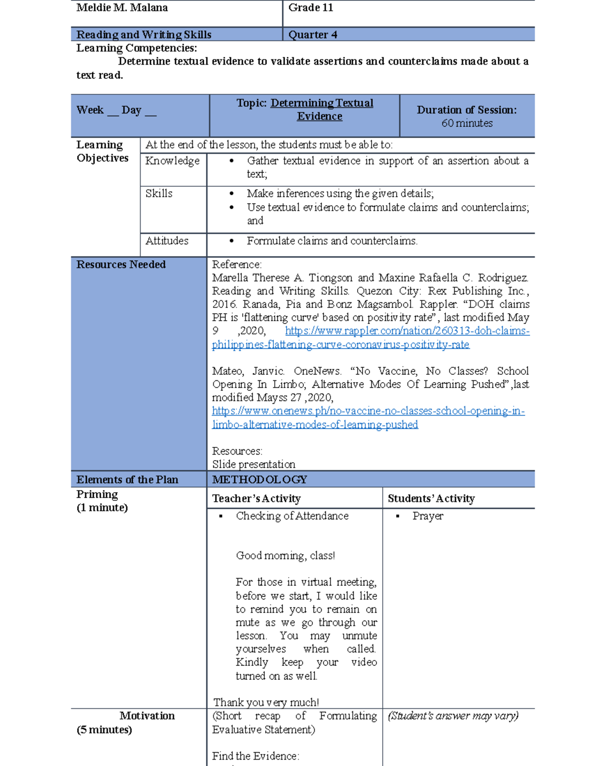 Module 7 - Meldie M. Malana Grade 11 Reading and Writing Skills Quarter ...