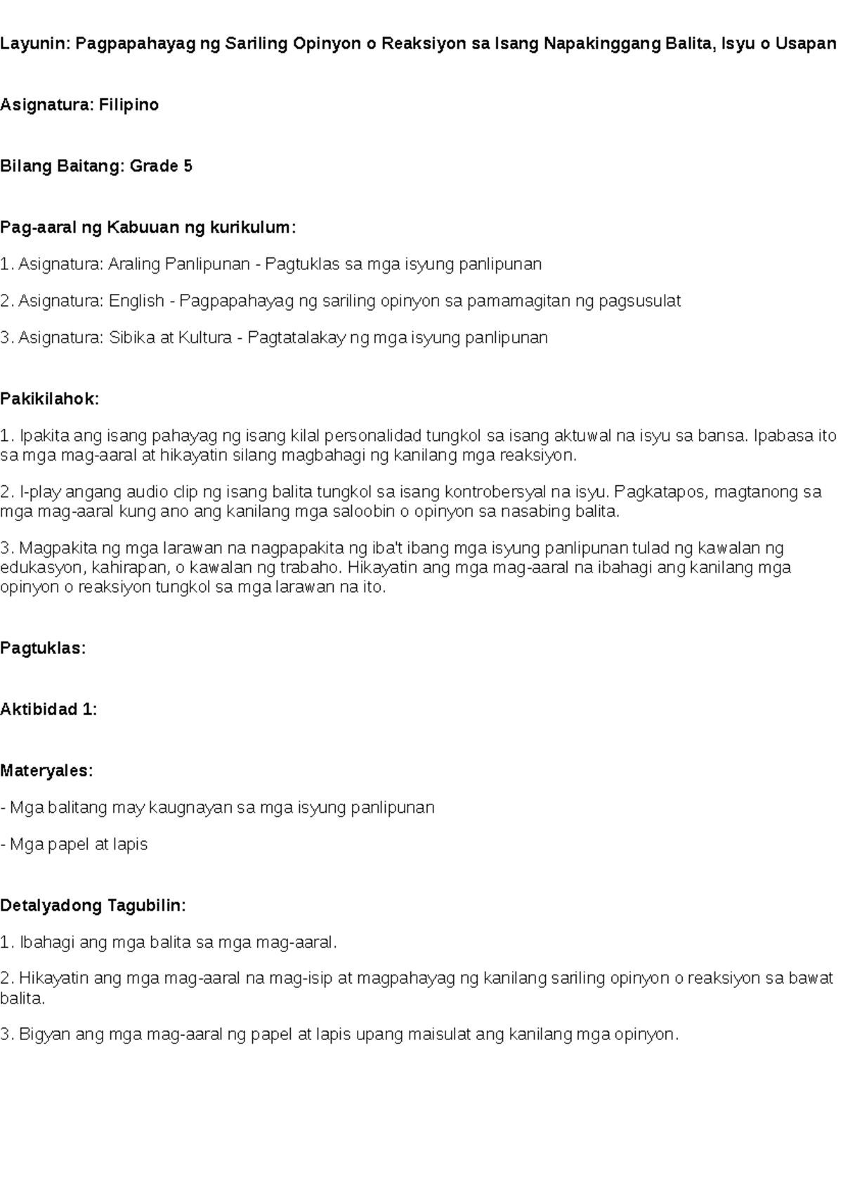 Lesson plan - Pagpapahayag ng Sariling Opinyon o Reaksiyon sa Isang ...