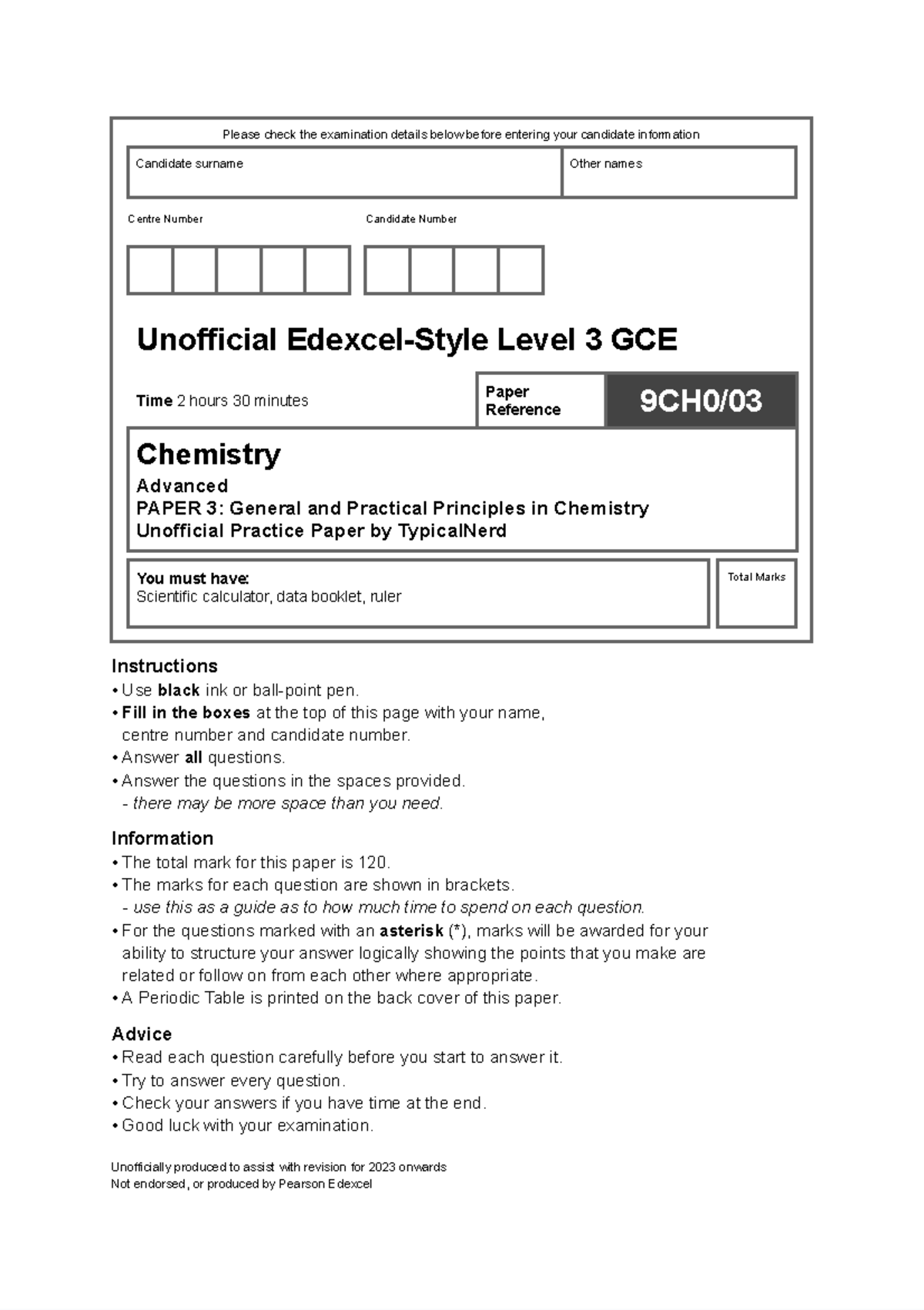 Unofficial Edexcel A level chemistry practice paper 3 - Please check ...