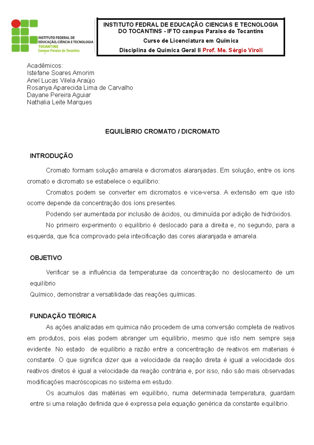 Equilíbrio Cromato Dicromato vídeo 1 - INSTITUTO FEDRAL DE EDUCAÇÃO ...